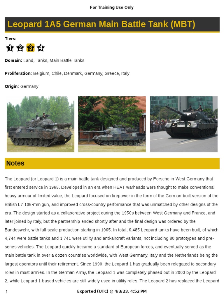 Leopard 1A5 German Main Battle Tank (MBT) : Notes | PDF | Tanks ...