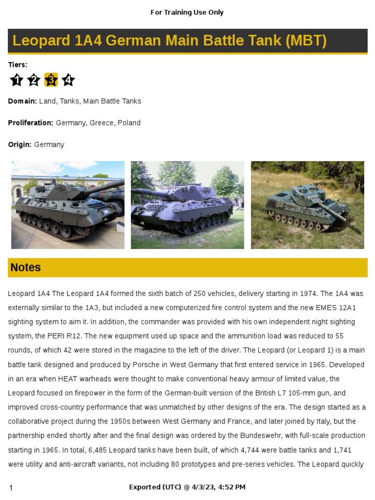 Leopard 1A4 German Main Battle Tank (MBT) : Notes | PDF | Tanks ...
