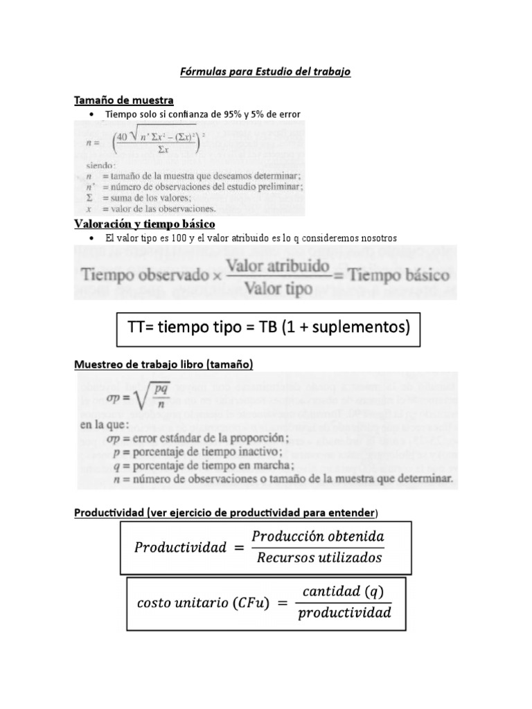 Fórmulas para Estudio Del Trabajo | PDF