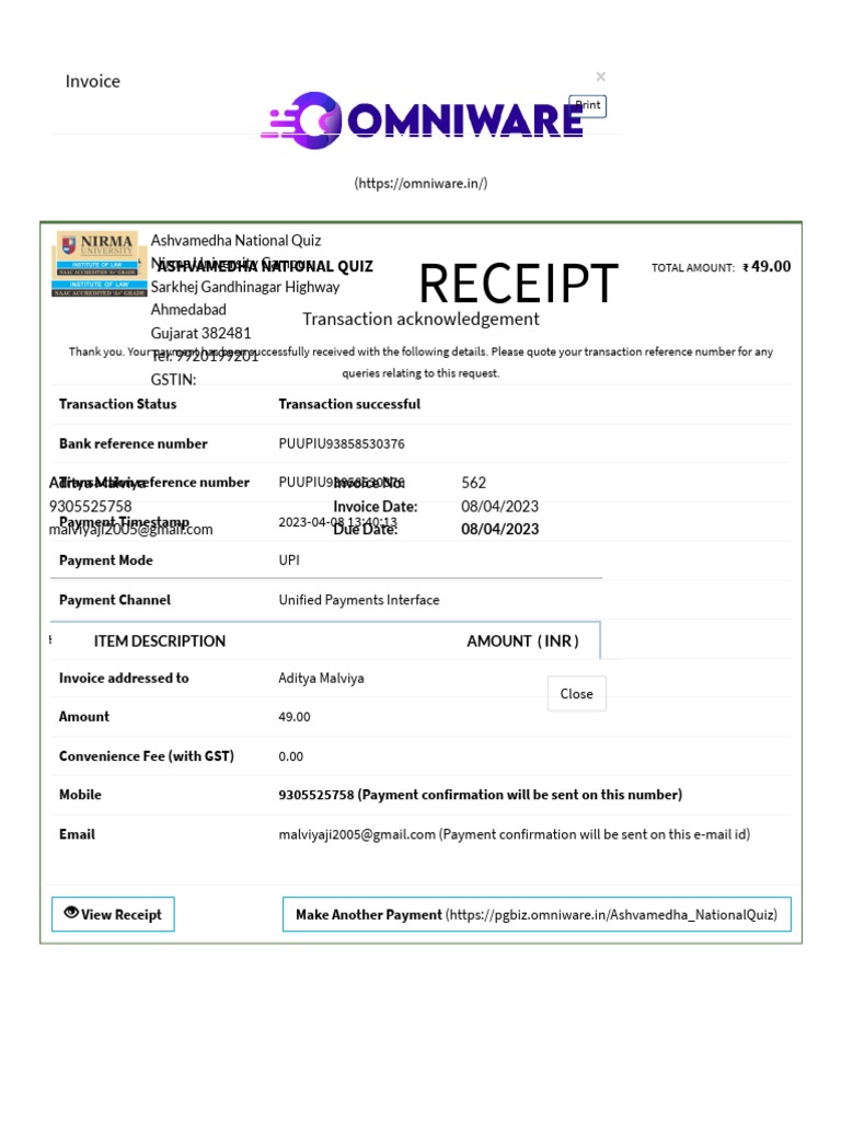 Omniware Payment Response | PDF | Invoice | Receipt
