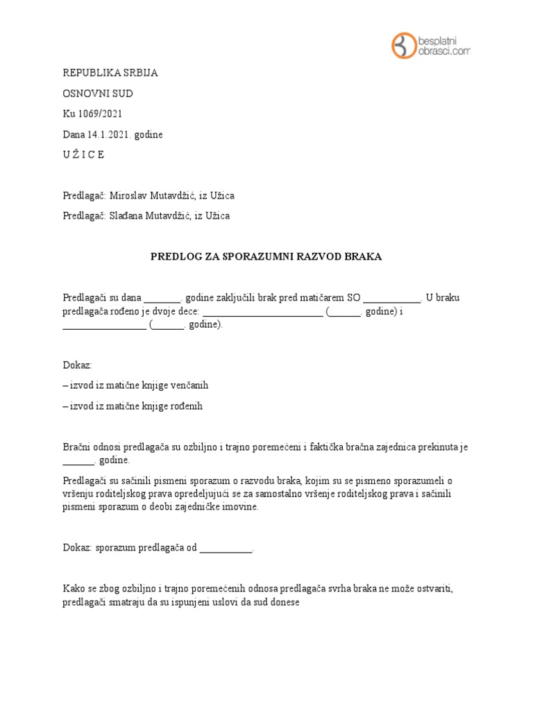 Obrazac Za Sporazumni Razvod Braka Lat | PDF