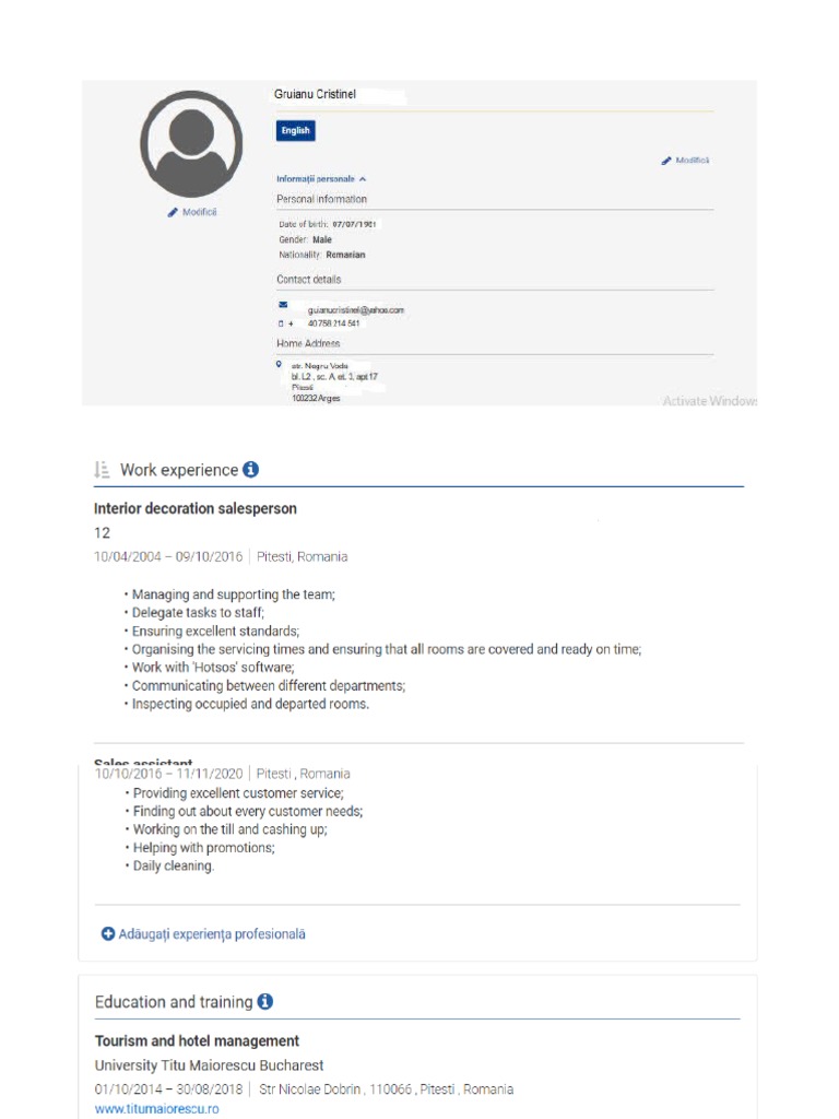 CV Corespondenta comerciala in limbi straine Gruianu | PDF