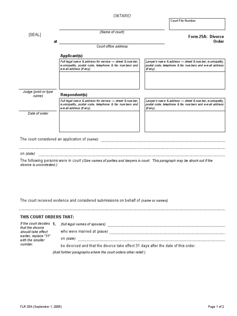 Form 25A: Divorce Order at Applicant(s) : Ontario | PDF | Divorce ...