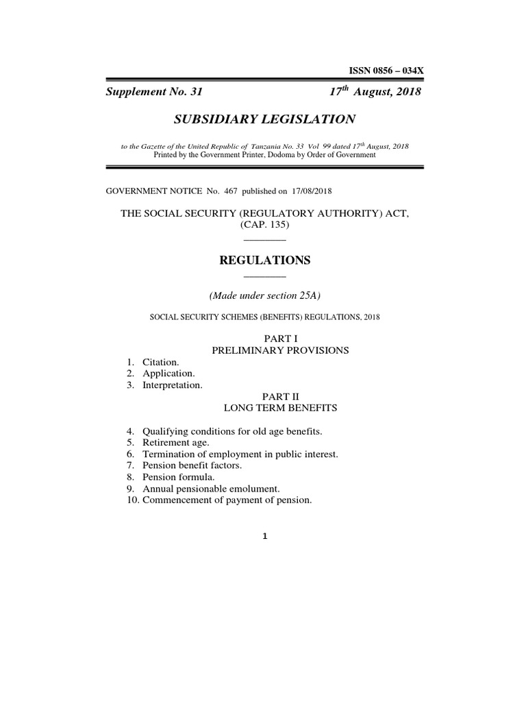 PSSSF BENEFITS REGULATIONS FINAL GN 467 | PDF | Pension | Social ...