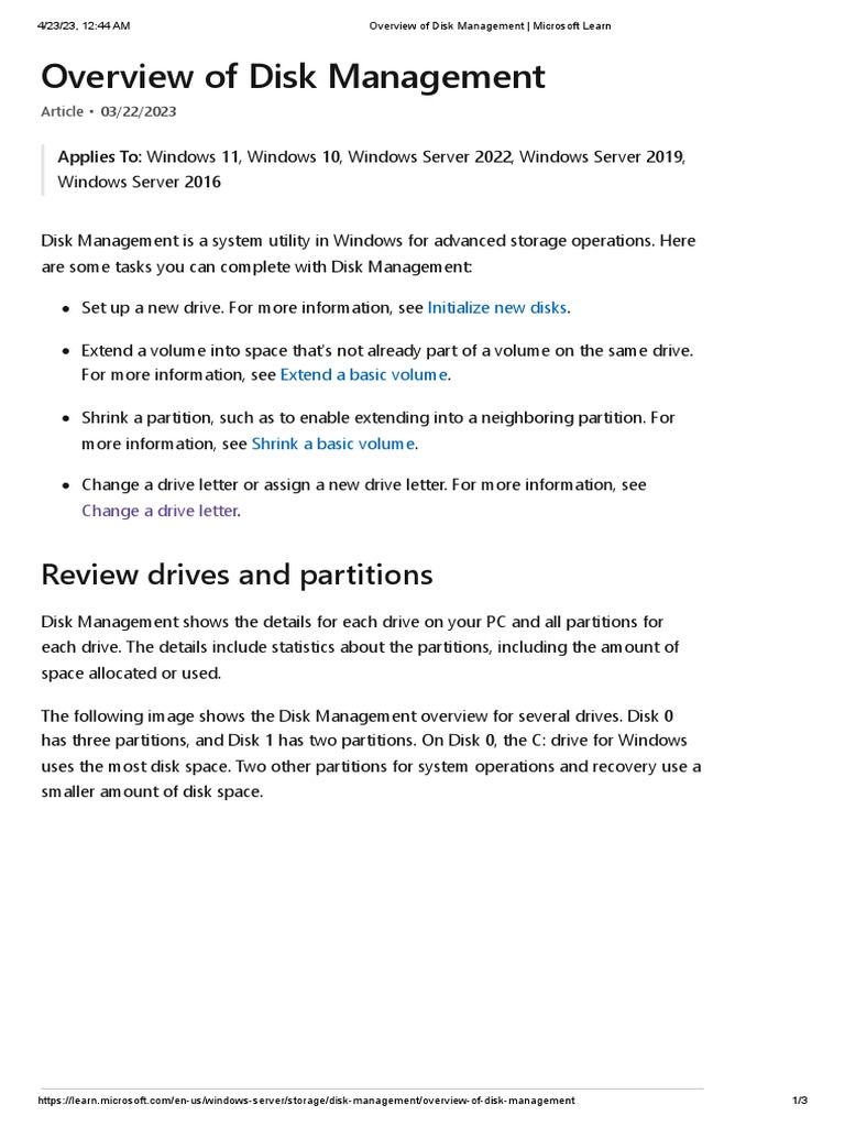 Overview of Disk Management - Microsoft Learn | PDF | Hard Disk Drive ...