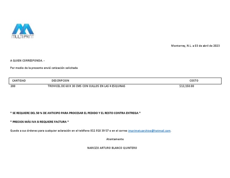 Cotización Trovicel 60x30 cm Monterrey | PDF
