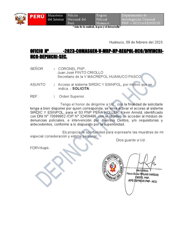 Oficio Acceso Al Sistema Esinpol y Sirdic | PDF