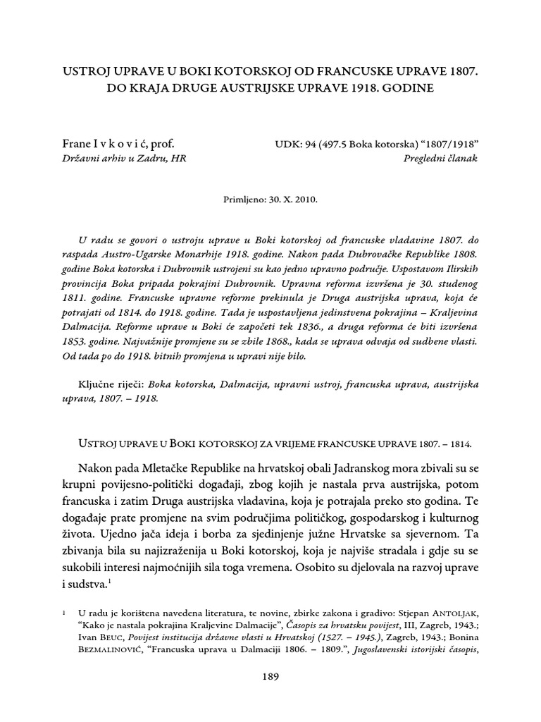 Ustroj Uprave U Boki Kotorskoj OD Francuske Uprave 1807. DO Kraj A ...