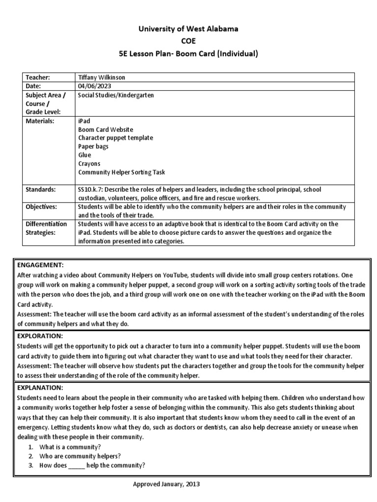 wilkinson ed-405 uwa 5e lesson plan individual | PDF | Teachers ...