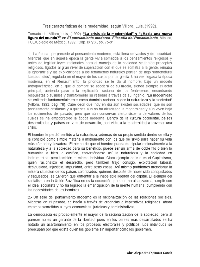 Características de la Modernidad según Villoro | PDF | Modernidad ...