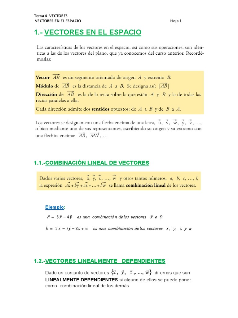 1.-Vectores en El Espacio: 1.1.-Combinación Lineal de Vectores | PDF | Base (álgebra lineal ...