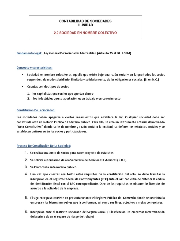 Contabilidad de Sociedades Ii Unidad: 2.2 Sociedad en Nombre Colectivo | PDF | Sociedad ...
