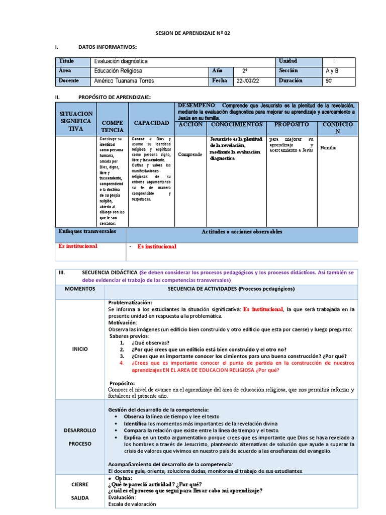 SESIÓN - EVALUACION DIAGNOSTICA Corregido | PDF | Evaluación | Aprendizaje