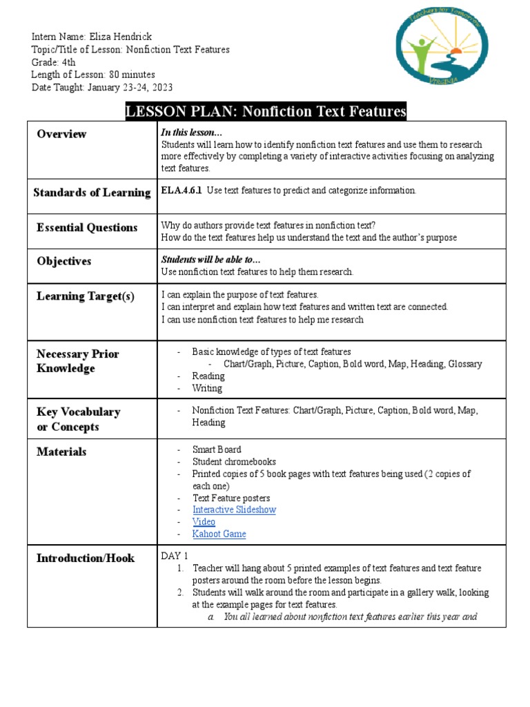 Nonfiction Text Features Lesson Plan Edited | PDF