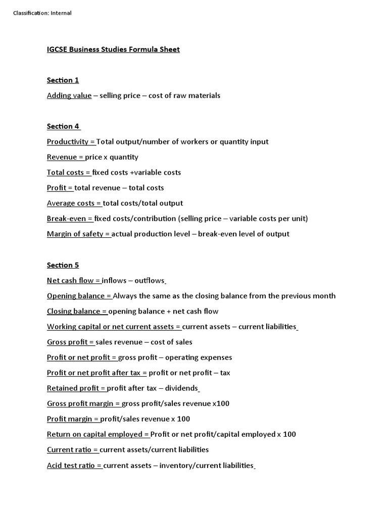IGCSE Business Studies - Formula Sheet | PDF IGCSE Business Studies - Formula Sheet | PDF
