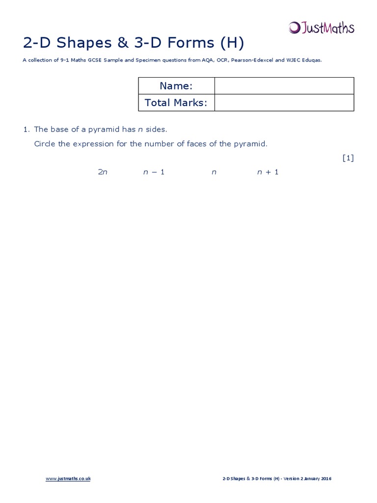2-D Shapes & 3-D Forms (H) : Name: Total Marks | PDF | Circle | Volume