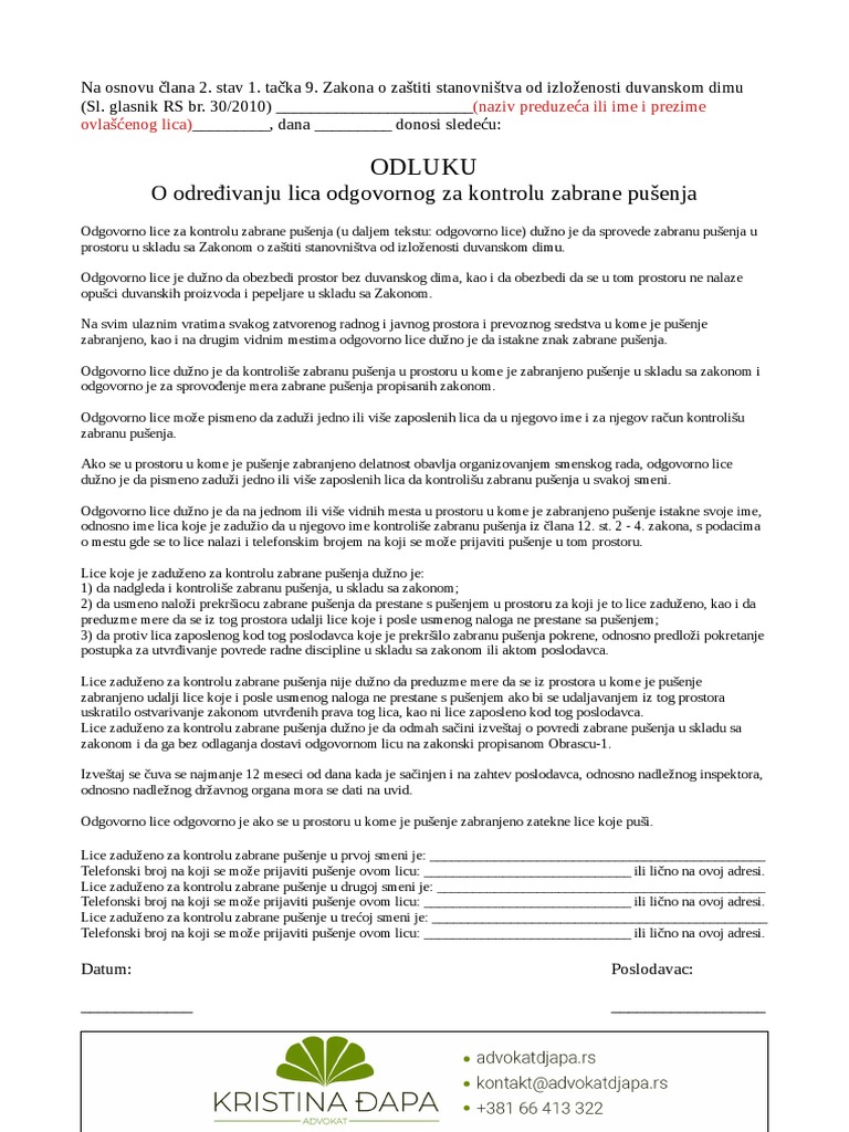 Odluka o Odredjivanju Lica Odgovornog Za Kontrolu Zabrane Pusenja | PDF
