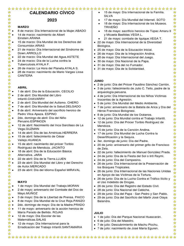 Calendario Cívico Pdf Perú América Del Sur 0806