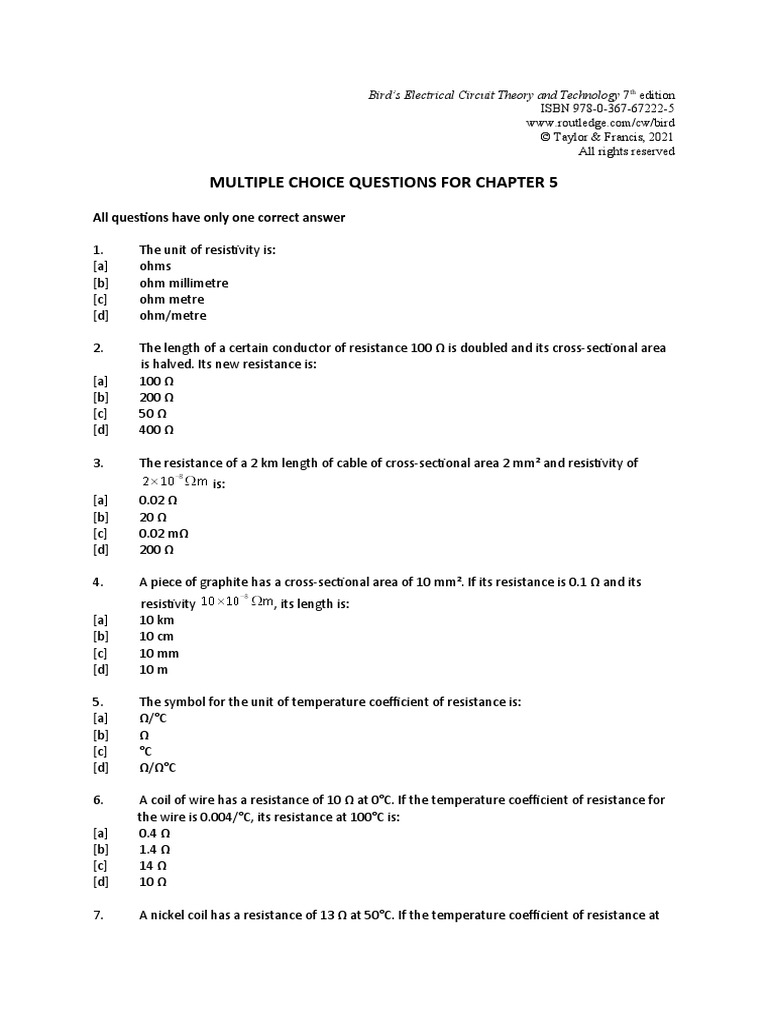 Multiple Choice Questions For Chapter 5: All Questions Have Only One Correct Answer | PDF ...
