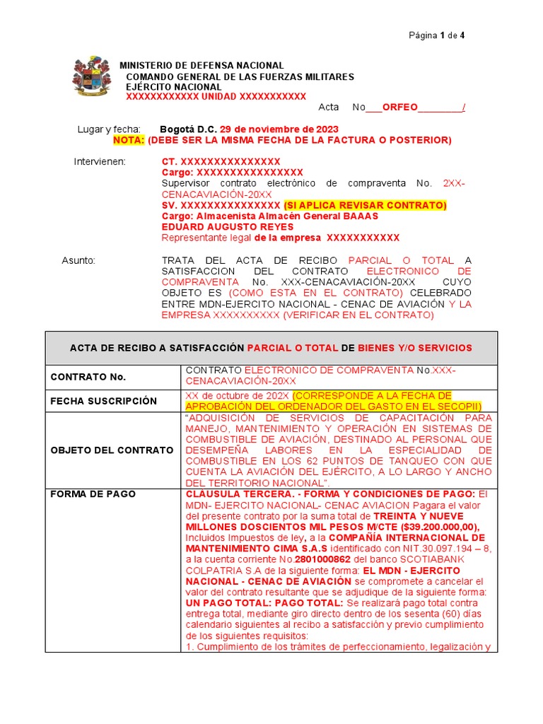 X - FORMATO ACTA DE RECIBO A SATISFACCION PARCIAL O TOTAL 2023 | PDF | Finanzas y administración ...