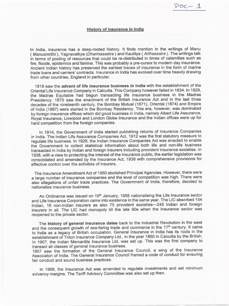 History of Insurance in India - Doc1 | PDF