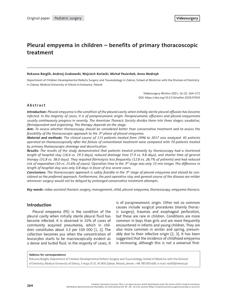 Benefits of Primary Thoracoscopic Treatment for Pediatric Pleural ... Benefits of Primary Thoracoscopic Treatment for Pediatric Pleural ...