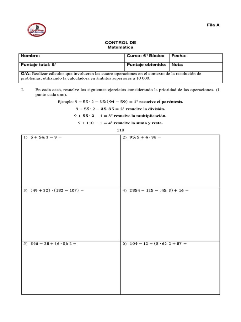 Sexto Basico Operatoria Combinada Fila A | PDF