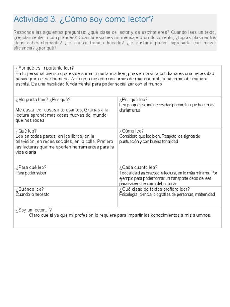 Leccion 4 Actividad 3. ¿Cómo Soy Como Lector y Escritor | PDF