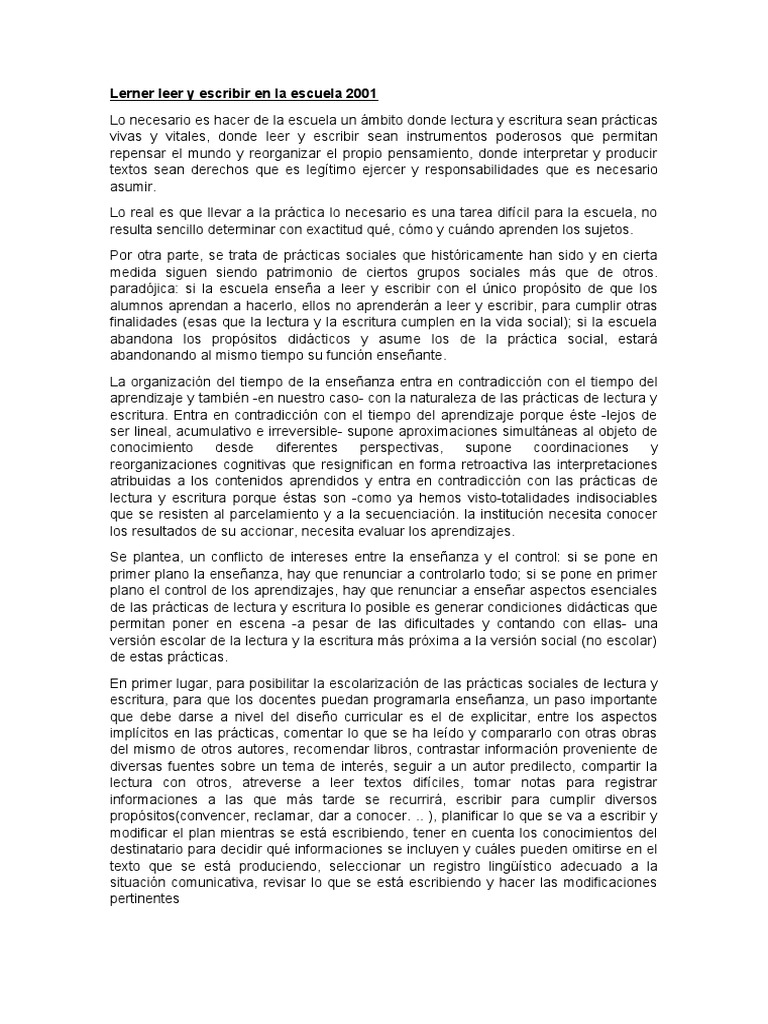Lerner Leer y Escribir en La Escuela 2001 Resumen | PDF