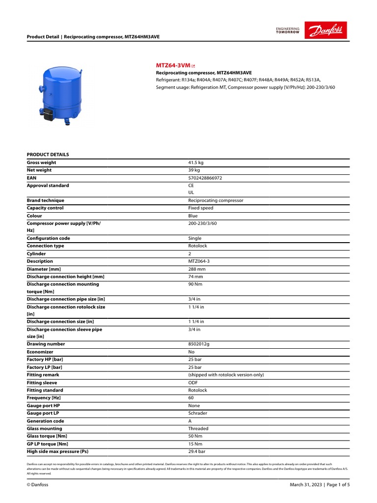 Danfoss Reciprocating Compressor MTZ64HM3AVE MTZ64 3VM | PDF | Pipe ...