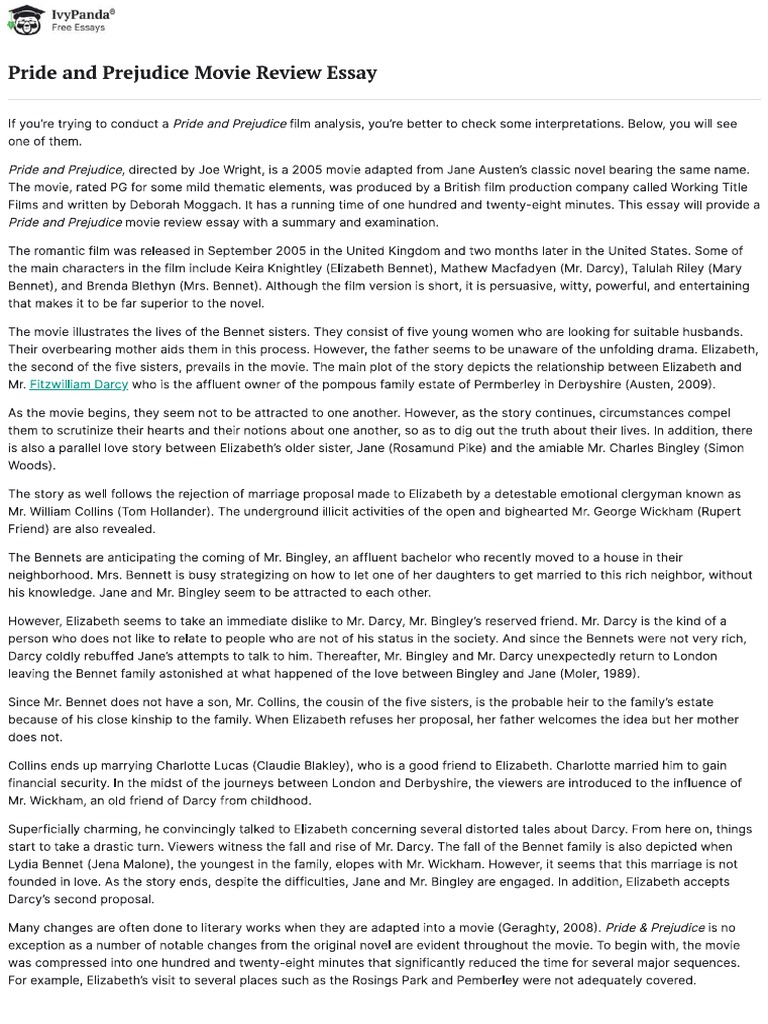 Pride and Prejudice Movie Review Essay - Film Analysis | PDF