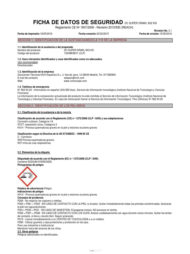 Ficha Seguridad DC Super Drain | PDF | Quemar | Agua
