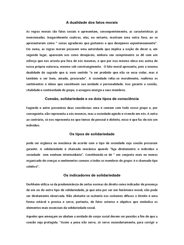 Dualidade dos Fatos Morais e Solidariedade | PDF | Moralidade | Sociedade
