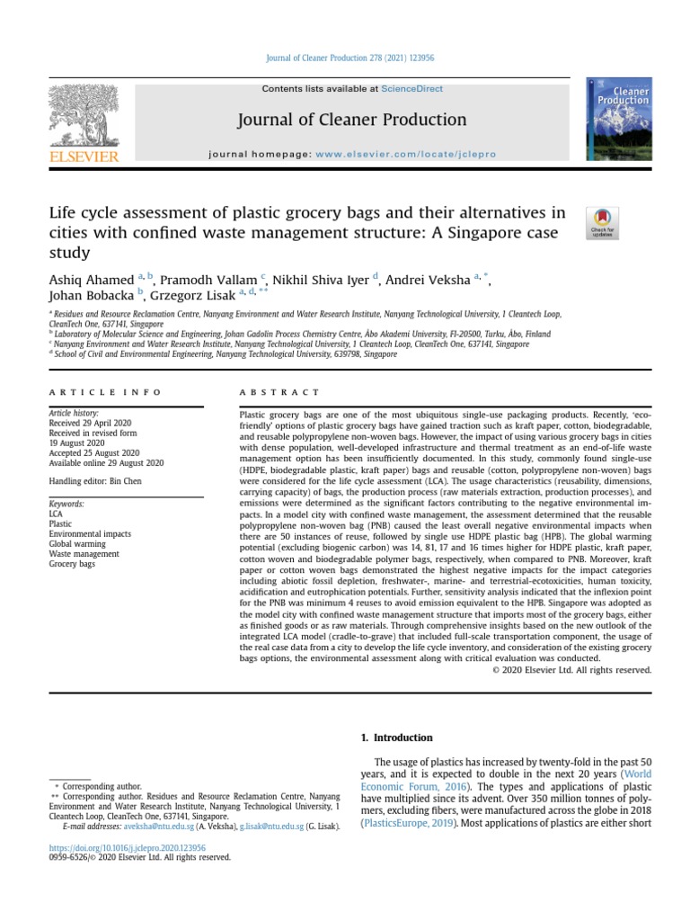 Life Cycle Assessment of Plastic Grocery Bags and Their Alt - 2021 ...