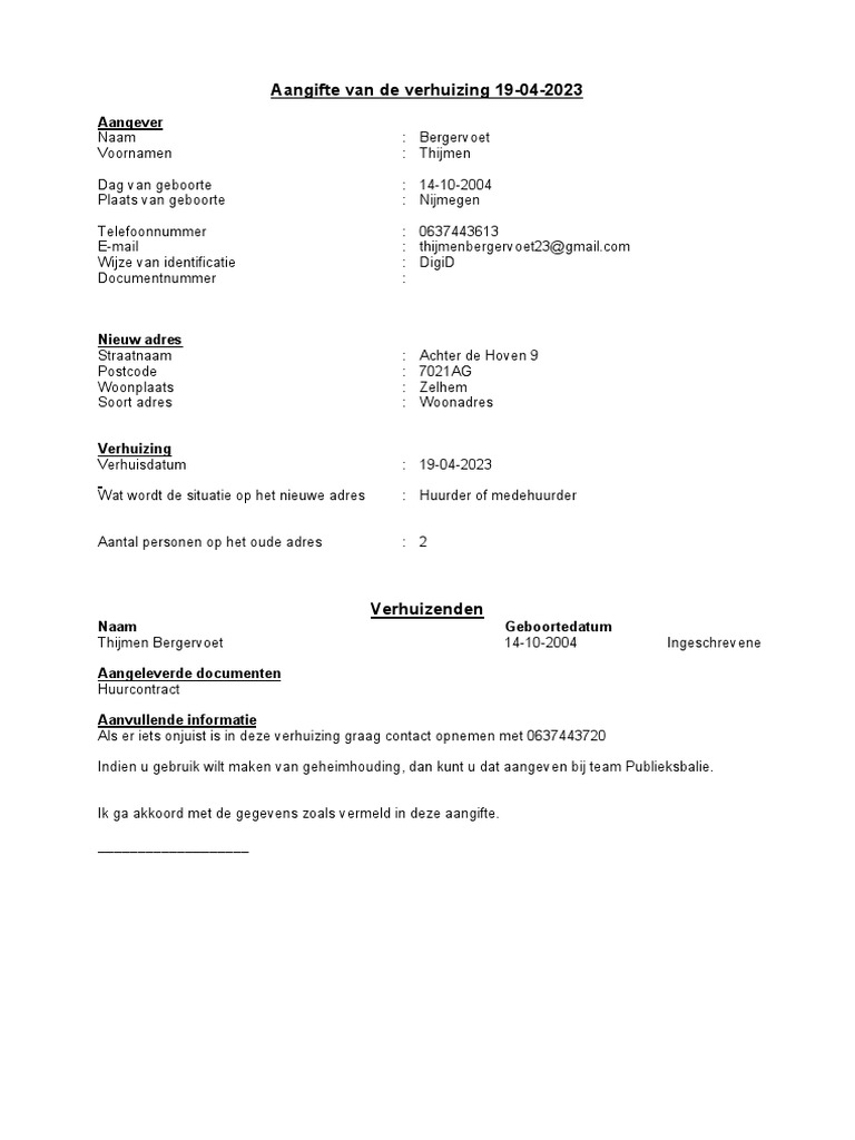 Aangifte Van de Verhuizing 19-04-2023: Aangever | PDF