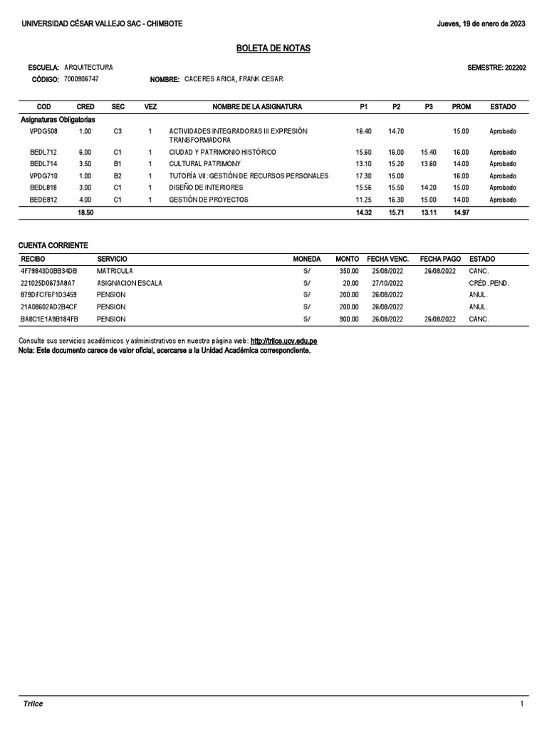 Boleta de Notas: Trilce | PDF