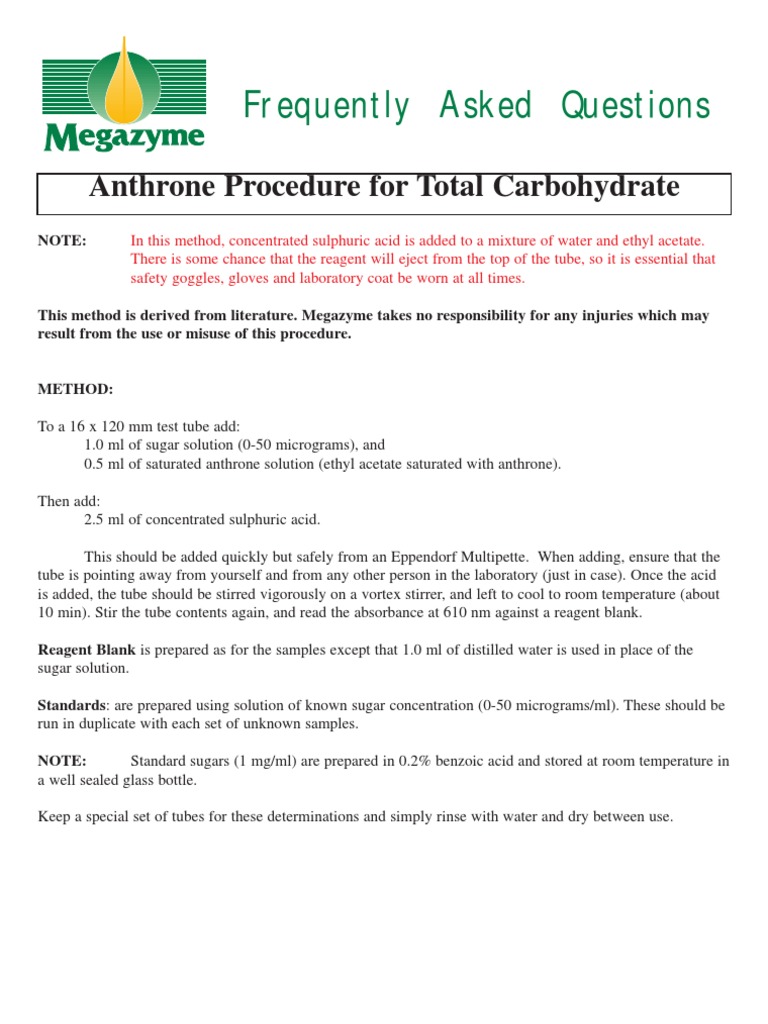 Safety Procedures for the Anthrone Method of Total Carbohydrate ...