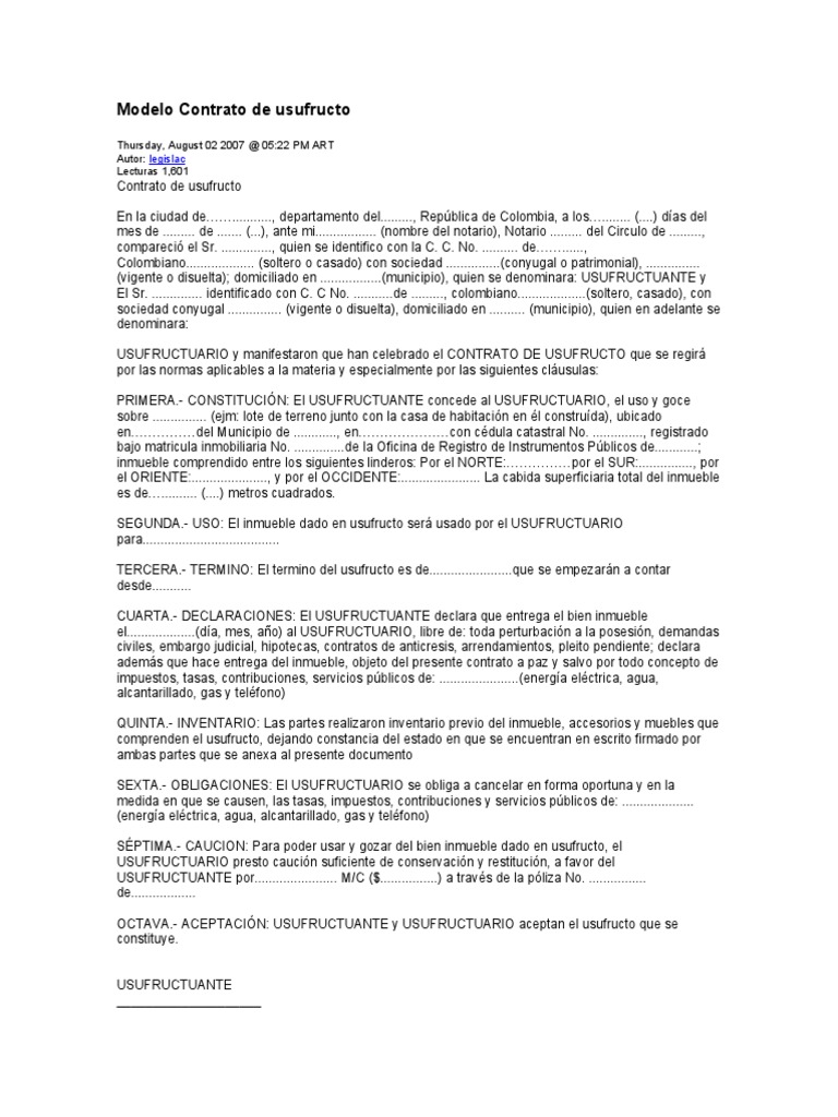 Modelo Contrato de Usufructo | PDF | Ley de Propiedad | Derecho privado