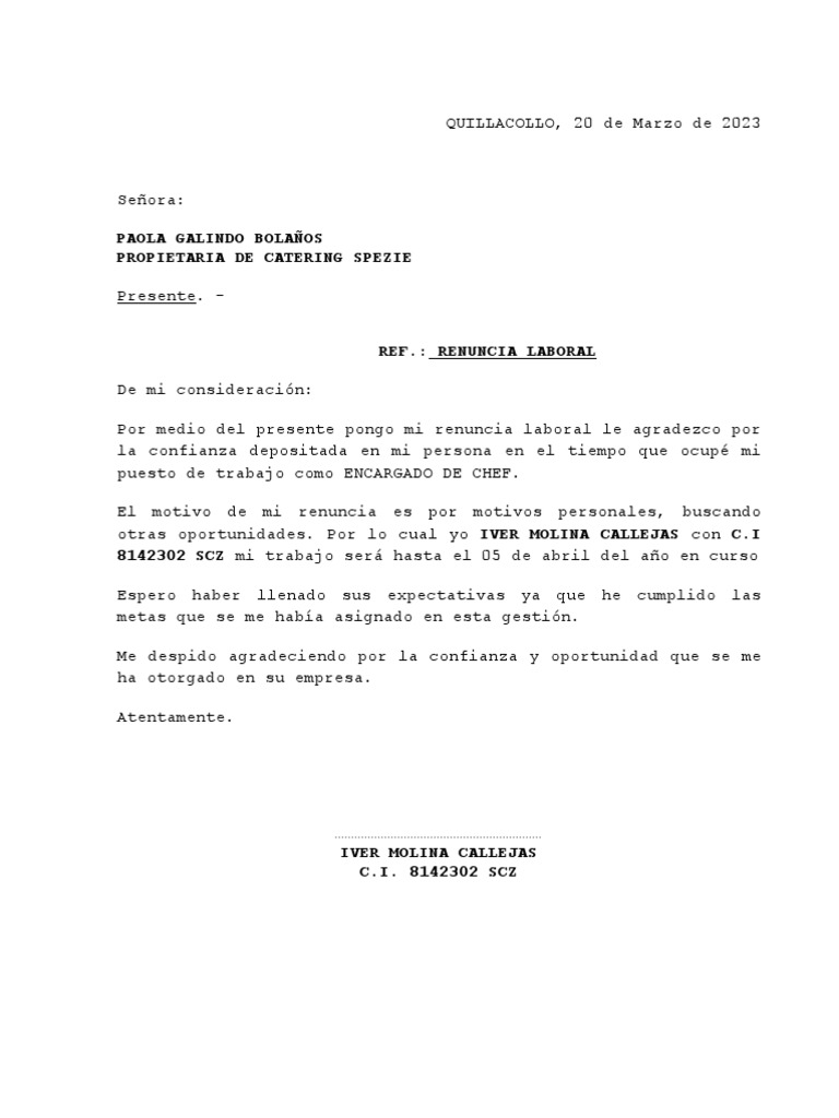 Carta de Renuncia de Chef | PDF