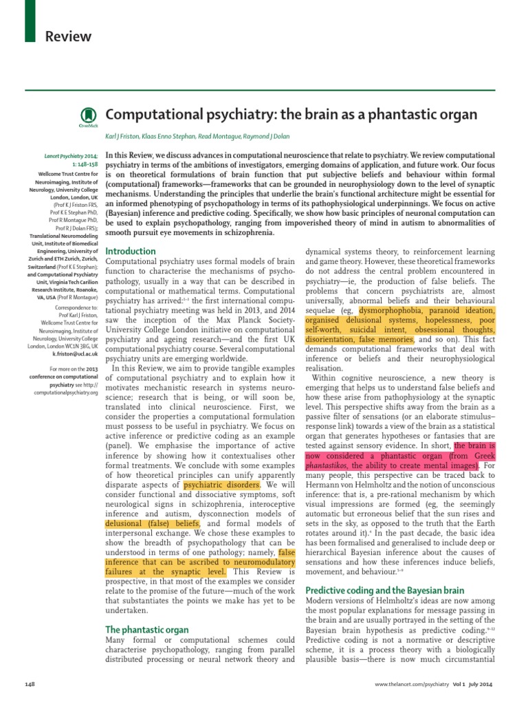 Karl Friston Et - Al. Computational Psychiatry-The Brain As A ...