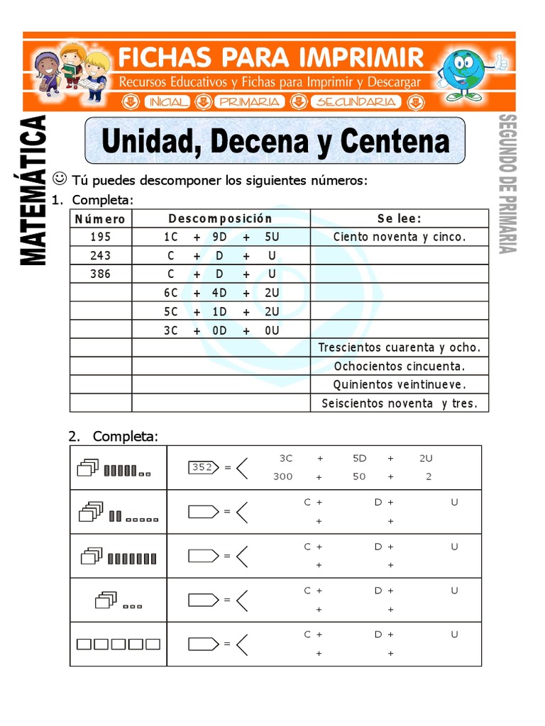 Ficha de Unidad Decena Centena para Segundo de Primaria | PDF