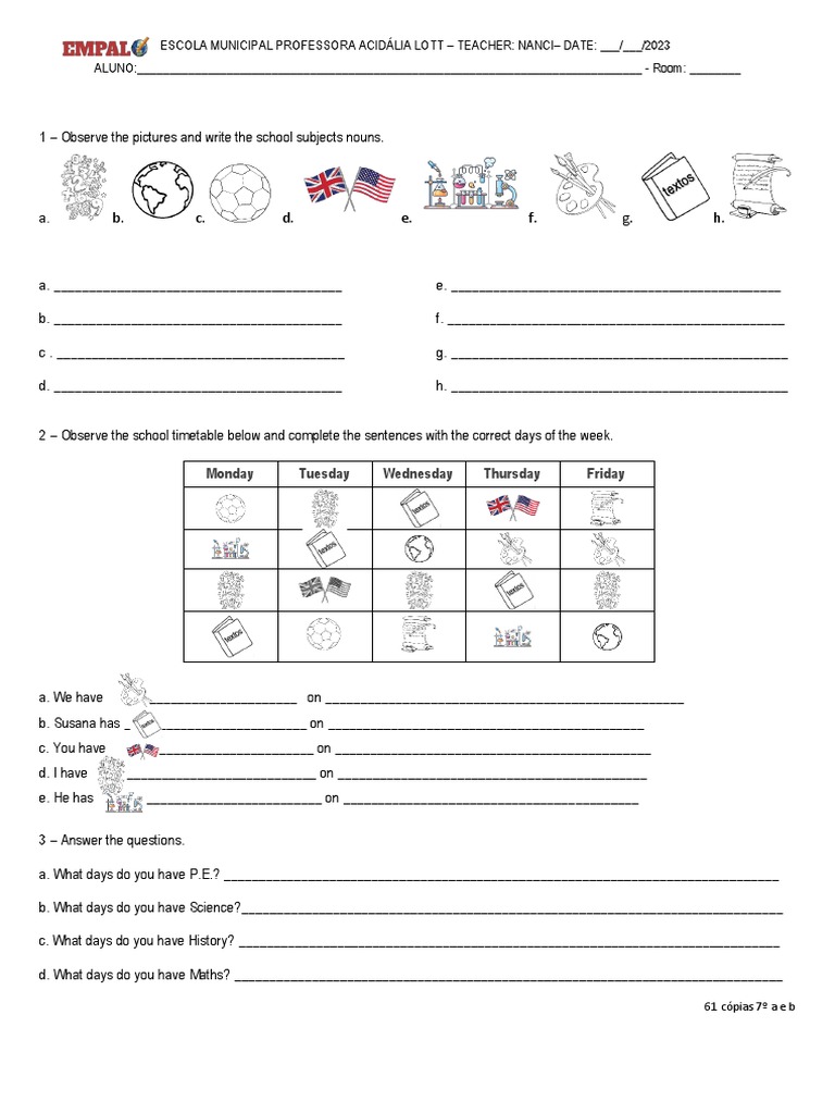 School Subjects and Days Worksheet | PDF | Language Arts & Discipline