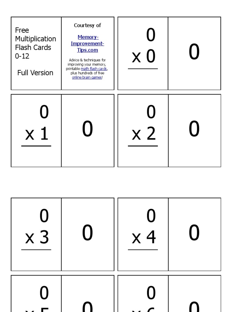 A Complete Set of Multiplication Flash Cards from 0 to 12 with ...
