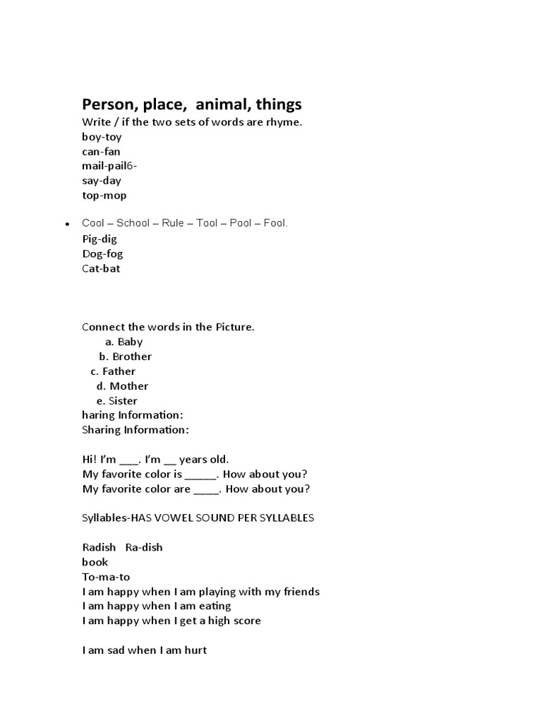 Person, Place, Animal, Things: Cool - School - Rule - Tool - Pool ...