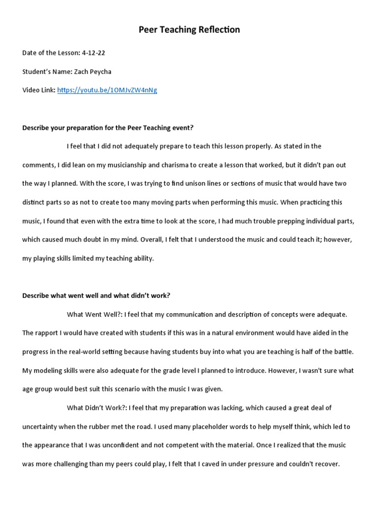 Peer Teaching Reflection Template 1 | PDF | Optimism | Cognitive Science
