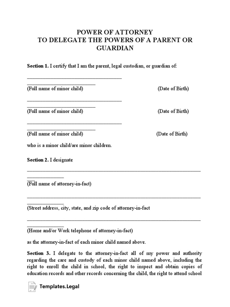 Minor Child Power of Attorney Templates - Legal | PDF