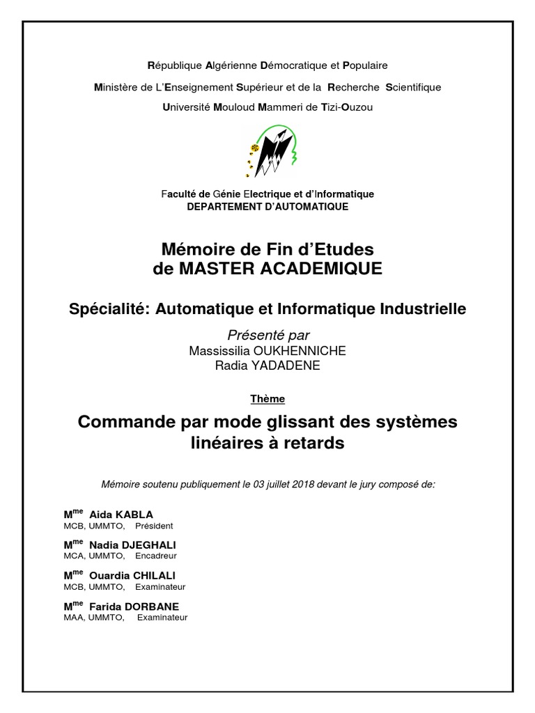 Mémoire de Fin D'etudes de Master Academique: Spécialité: Automatique Et Informatique ...