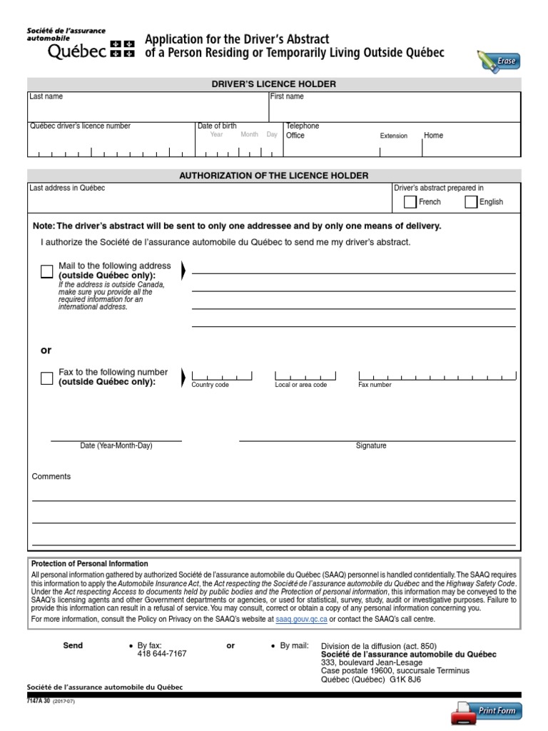 Driver Outside QC Form | PDF | Quebec | Mail