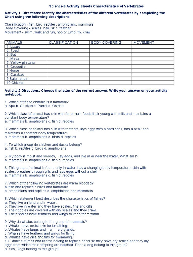 Activity Sheets Vertebrates | PDF | Invertebrate | Blood