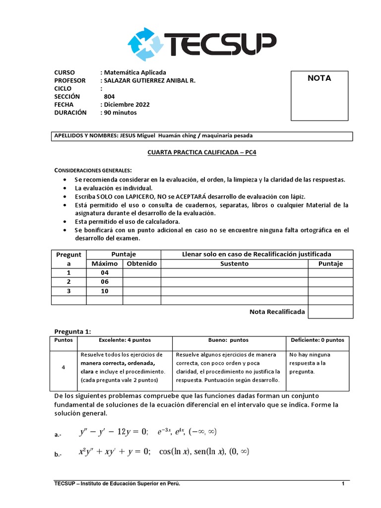 Actividad Terminada PC4 | PDF | Ecuaciones | Matemáticas Actividad Terminada PC4 | PDF | Ecuaciones | Matemáticas